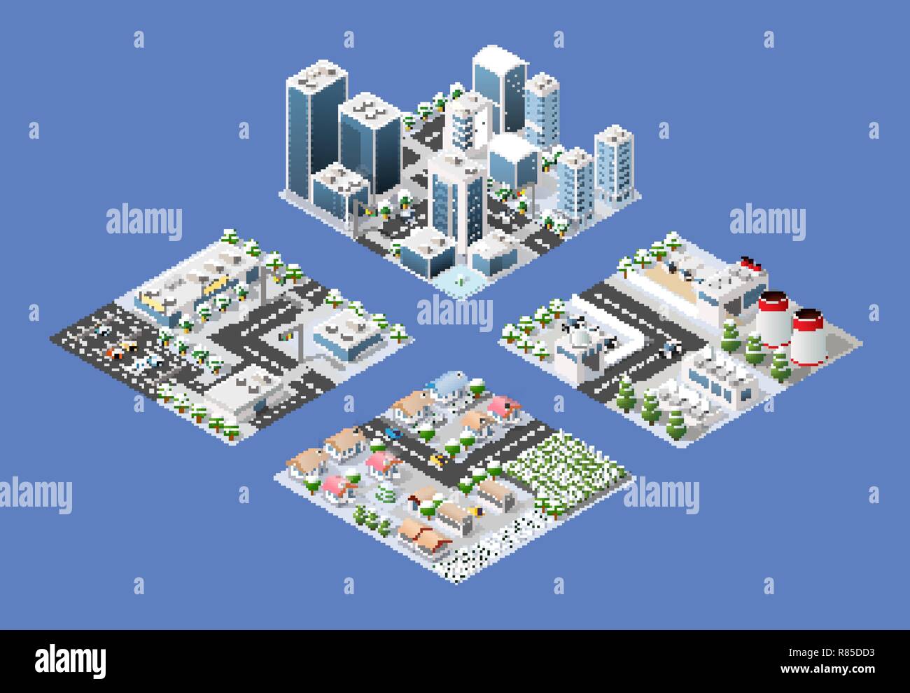 Set of isometric module of the modern 3D city. Winter landscape snowy ...