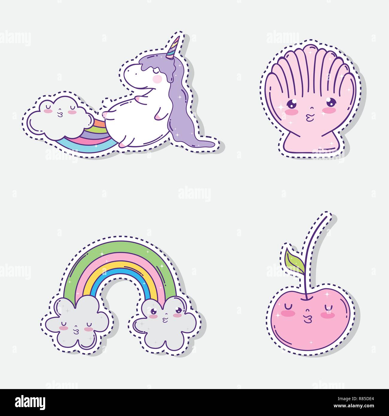 set cute unicorn with kawaii apples and shell with clouds rainbow Stock ...