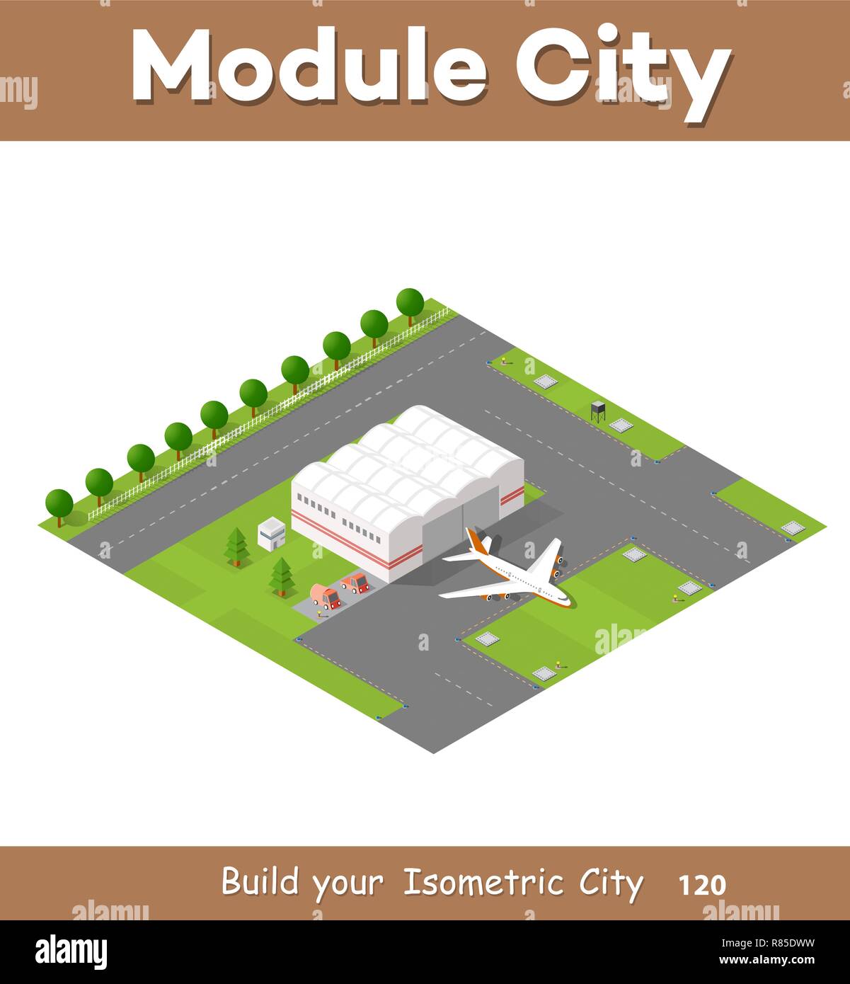 Isometric 3D city airport with transport aircraft and the runway ...