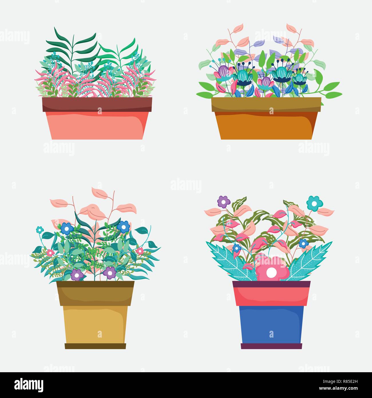 set flowers plant with leaves inside flower pot Stock Vector Image ...