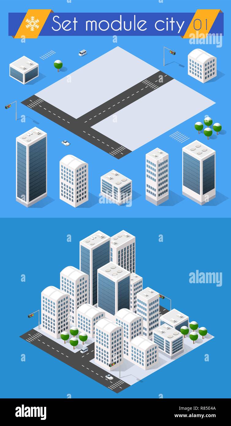 Set for design 3d cityscape city street public house on top of a block ...
