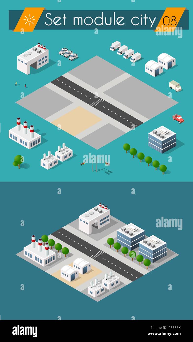 Set for design 3d cityscape city street public house on top of a block ...