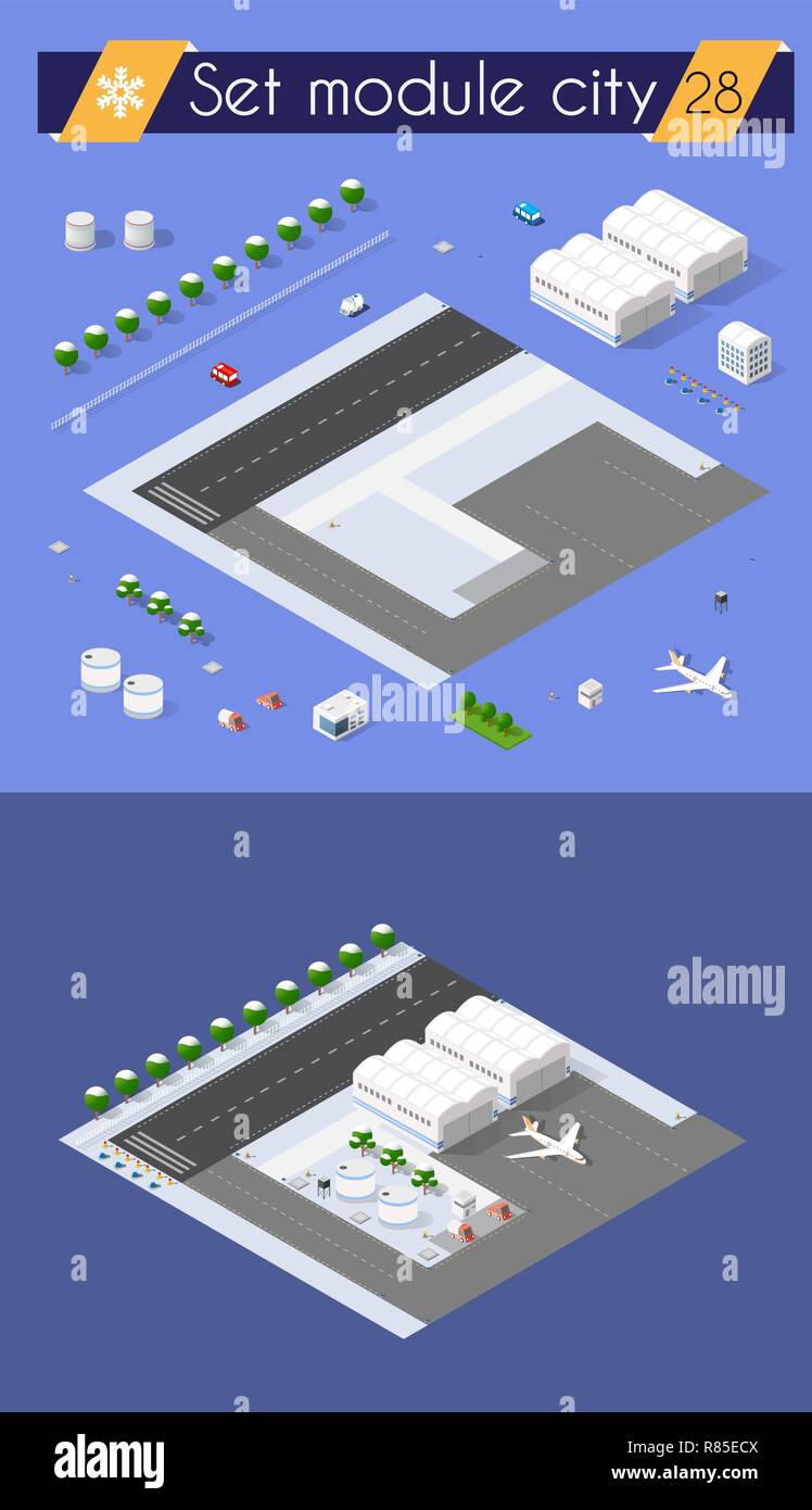 Isometric 3D city airport with transport aircraft and the runway ...