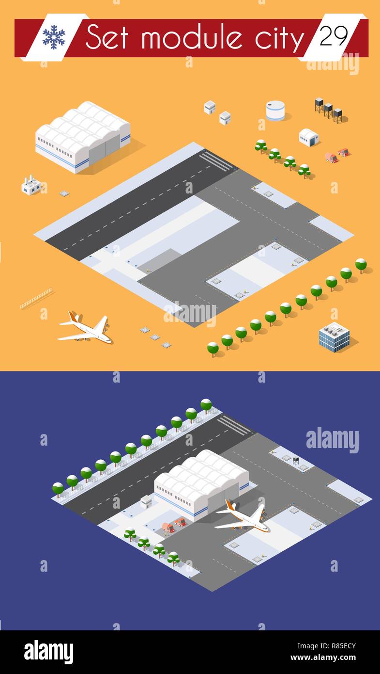 Isometric 3D city airport with transport aircraft and the runway ...