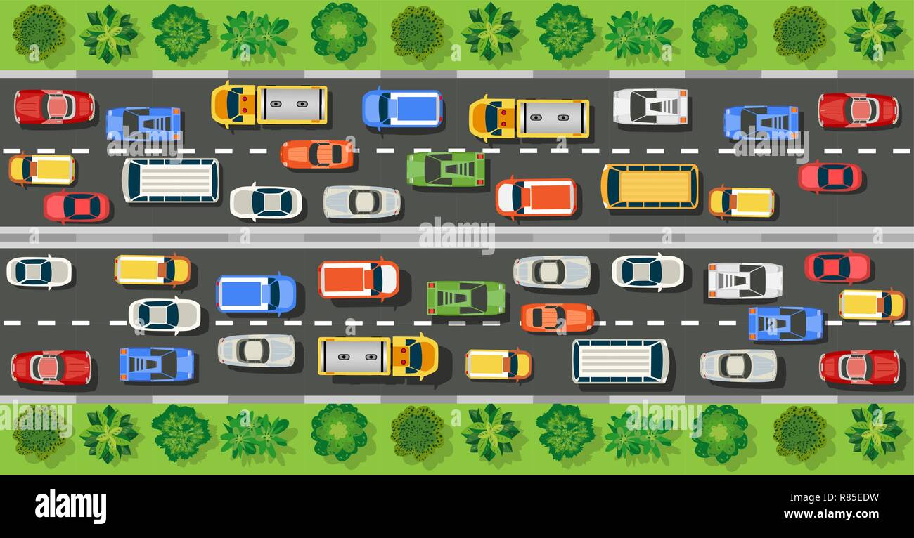 Road top view with highways many different vehicles. Map of cars ...