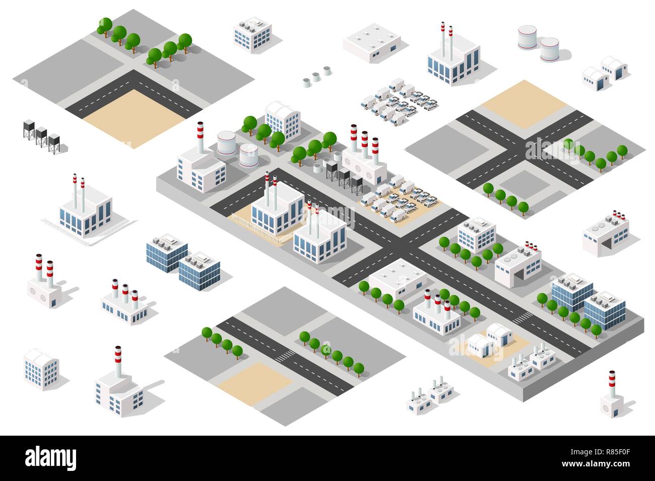 Isometric 3D city urban factory set which includes buildings, power ...
