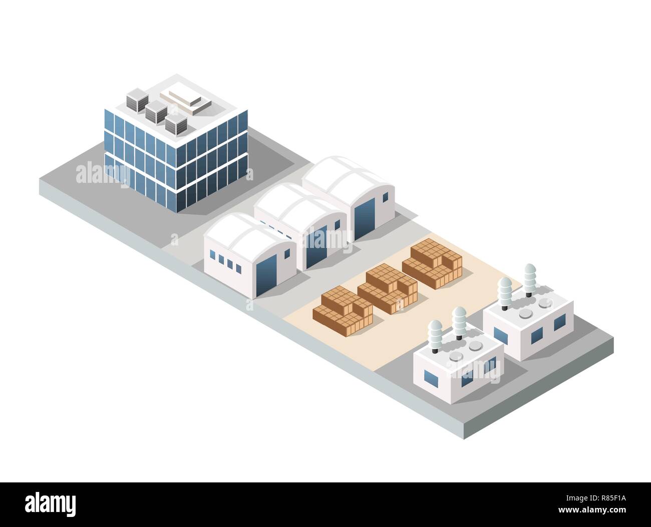 Isometric 3D city urban factory which includes buildings, power plant ...