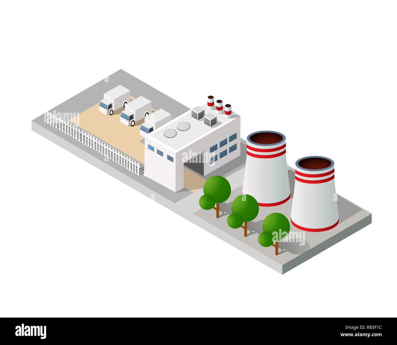 Isometric 3D city urban factory which includes buildings, power plant ...