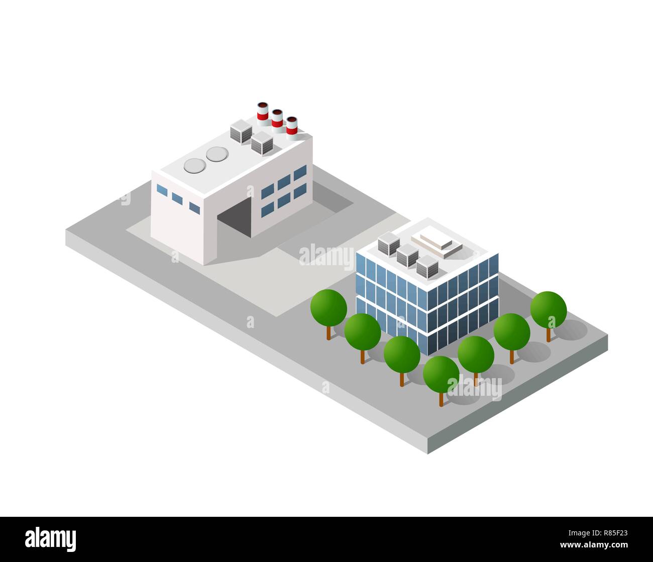 Isometric 3D city urban factory which includes buildings, power plant ...