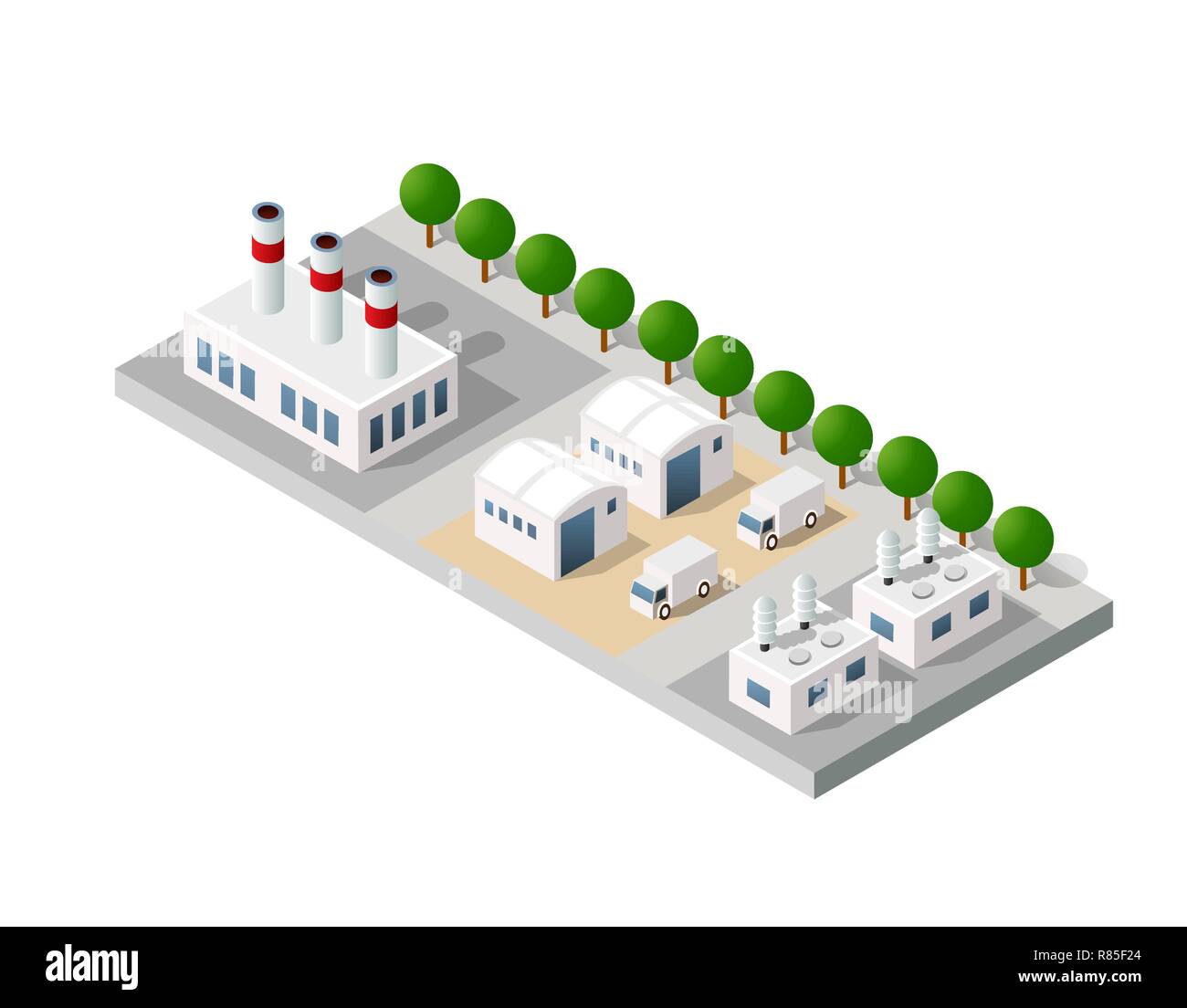 Isometric 3D city urban factory which includes buildings, power plant ...