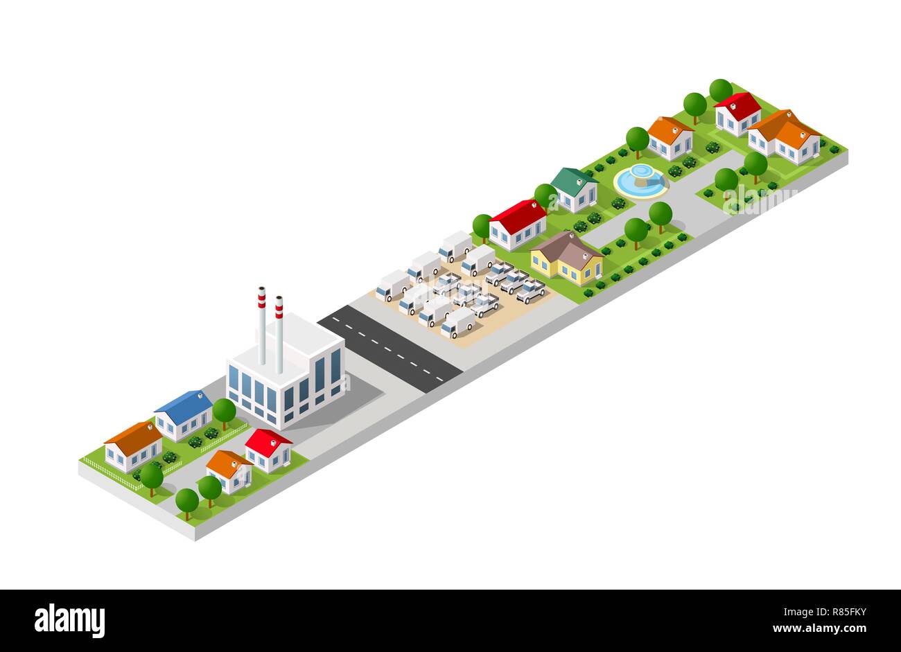 3D isometric landscape of a small town with houses and streets with ...