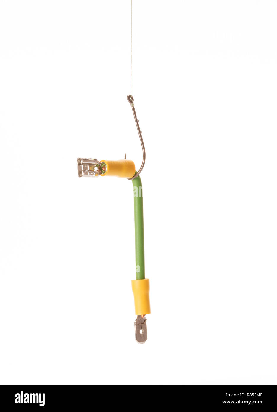 Electric wire hanging on a fishing hook isolated on white background ...