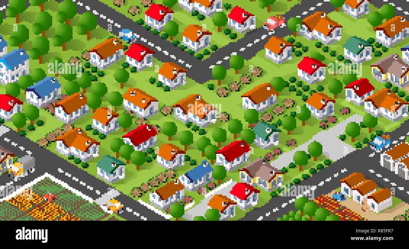 Country village district isometric illustration of a rural area with ...