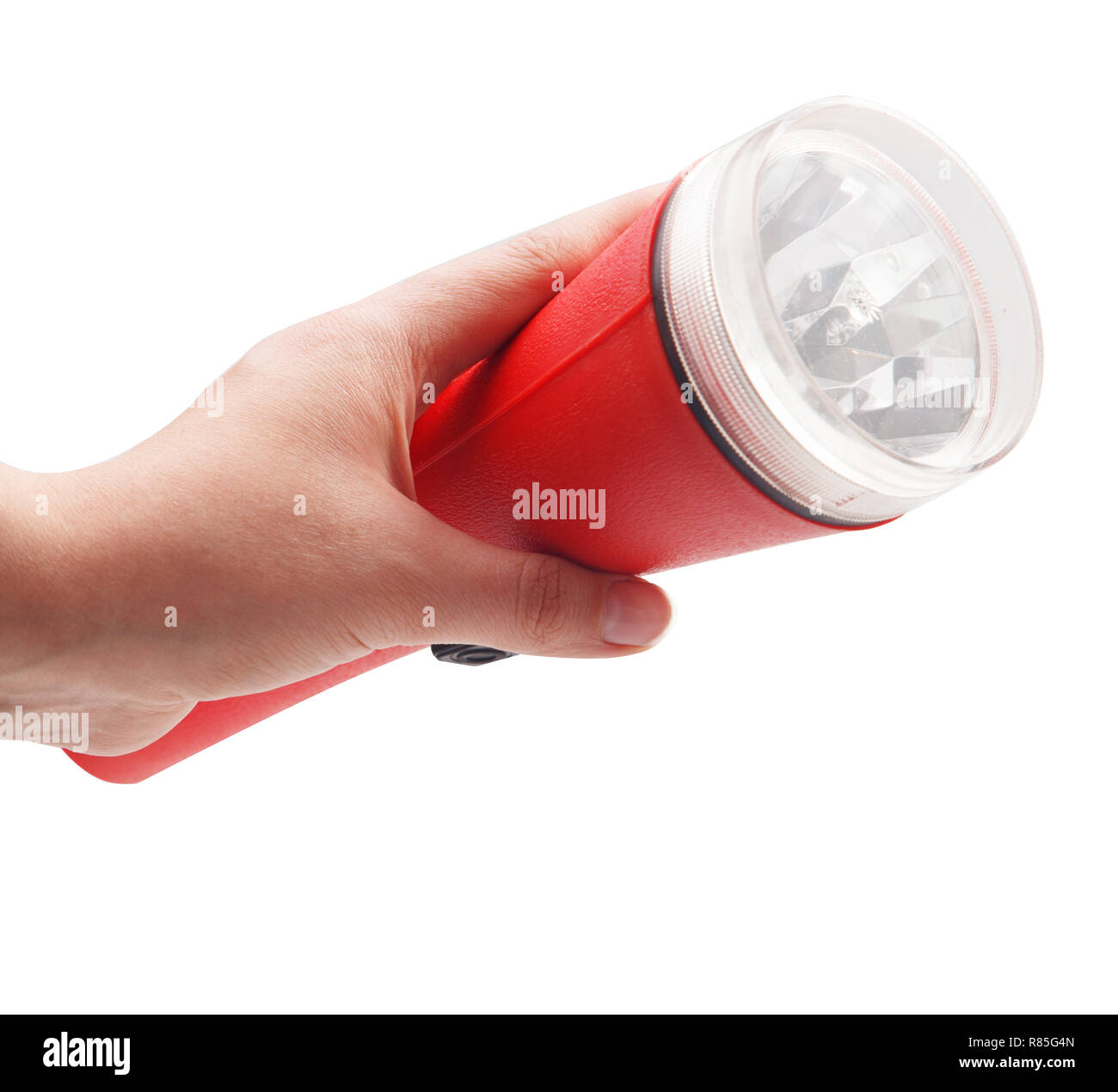 Red torch light on white background in hand Stock Photo - Alamy