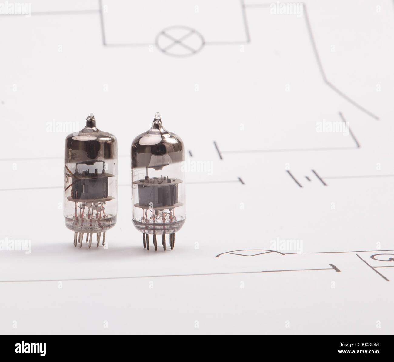 Vintage electron tube on a background of the electric scheme Stock ...