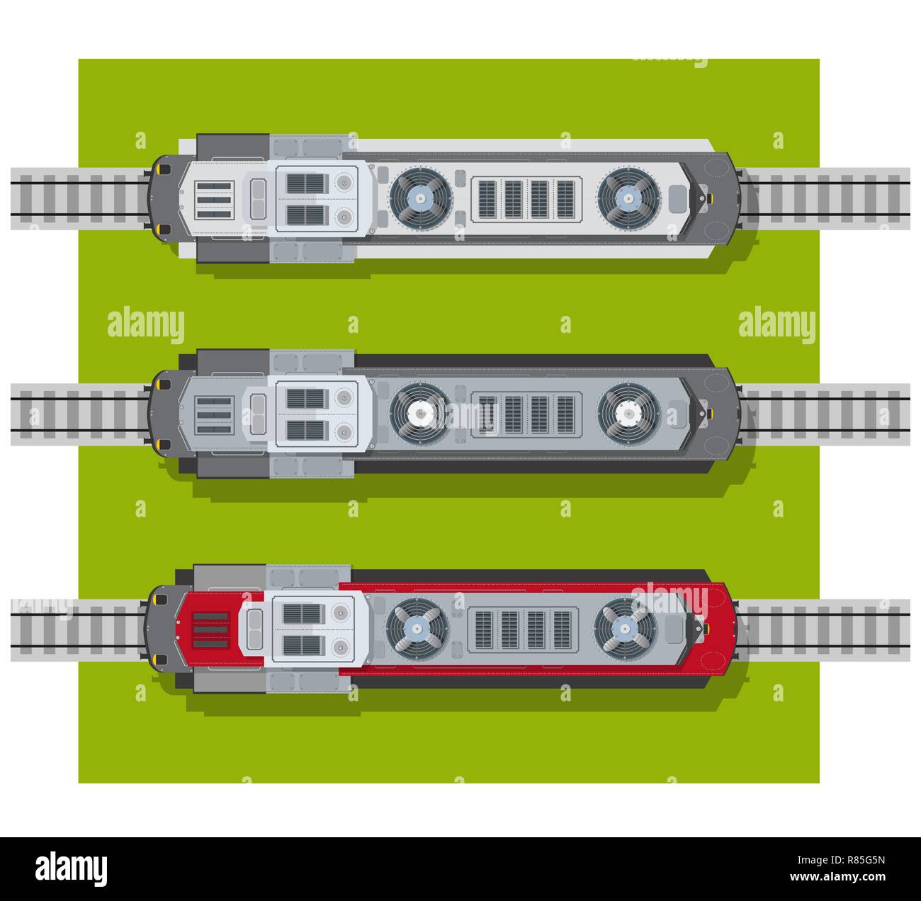 Electric locomotive of railways top view from above. Transport elements ...