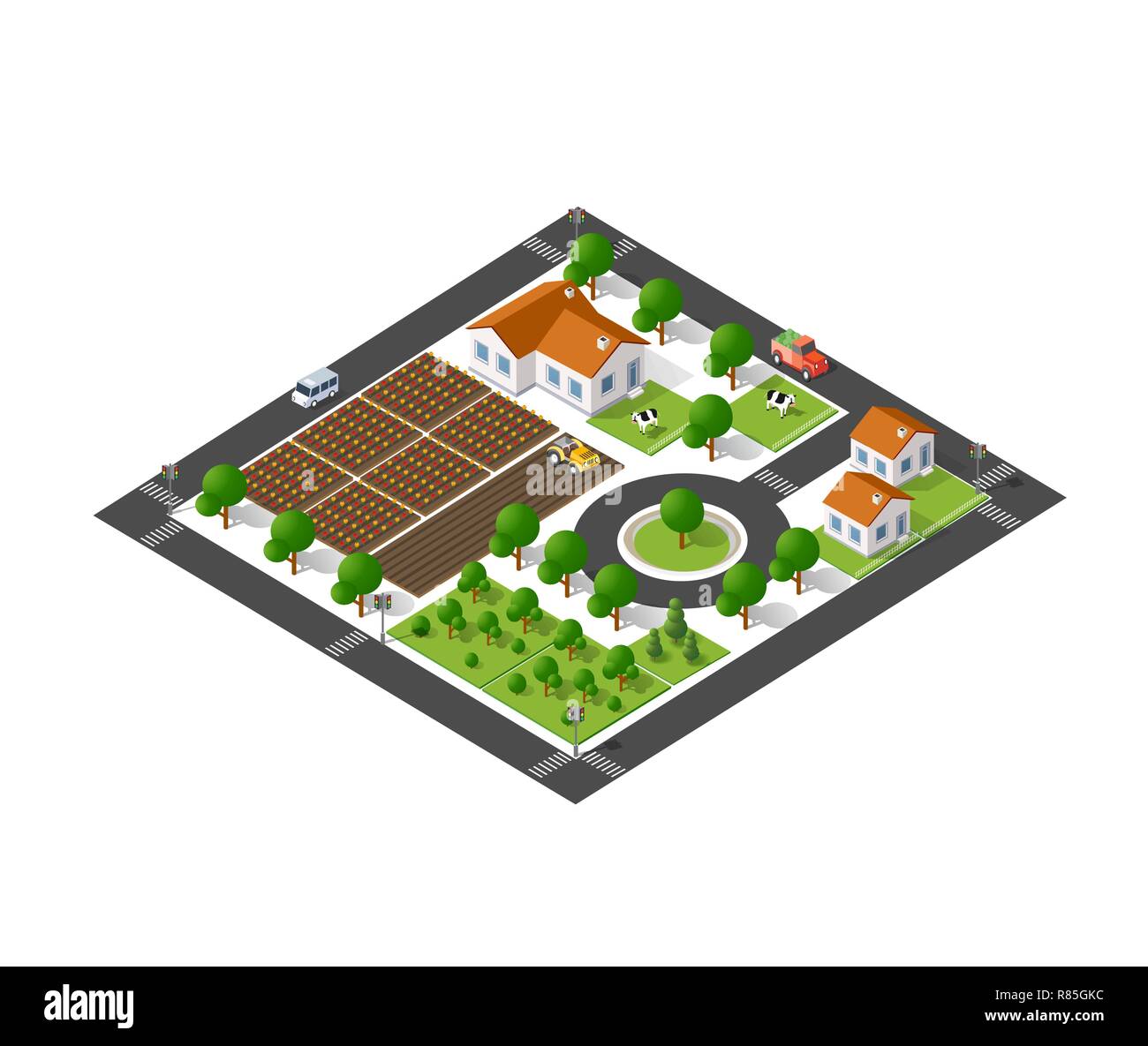Isometric suburban ecological landscaping farm top view with streets ...