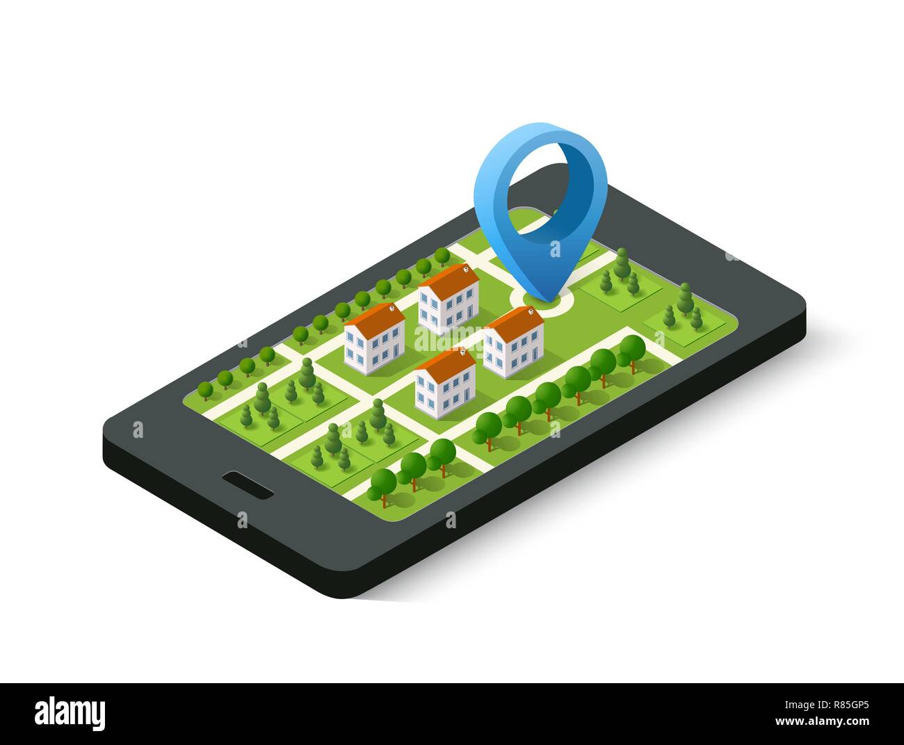 Isometric 3D navigation sign and pin symbol on mobile phone city urban ...