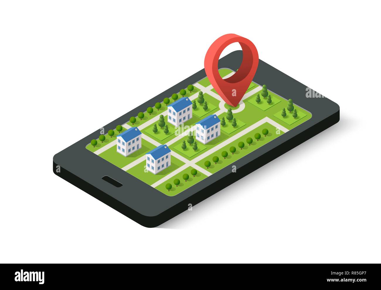 Isometric 3D navigation sign and pin symbol on mobile phone city urban ...