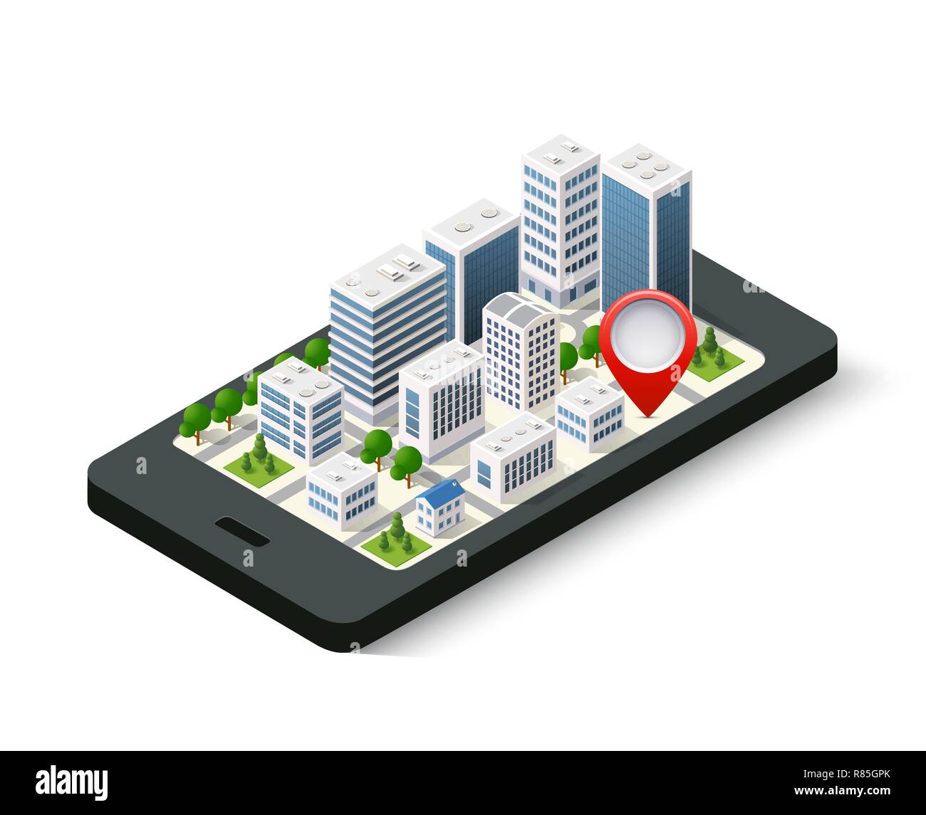 Isometric 3D navigation sign and pin symbol on mobile phone city urban ...