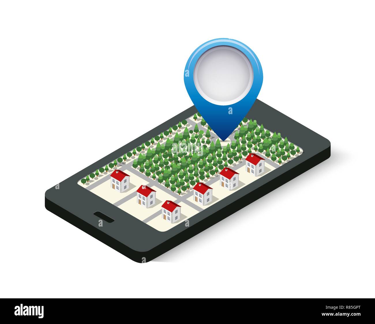 Isometric 3D navigation sign and pin symbol on mobile phone city urban ...