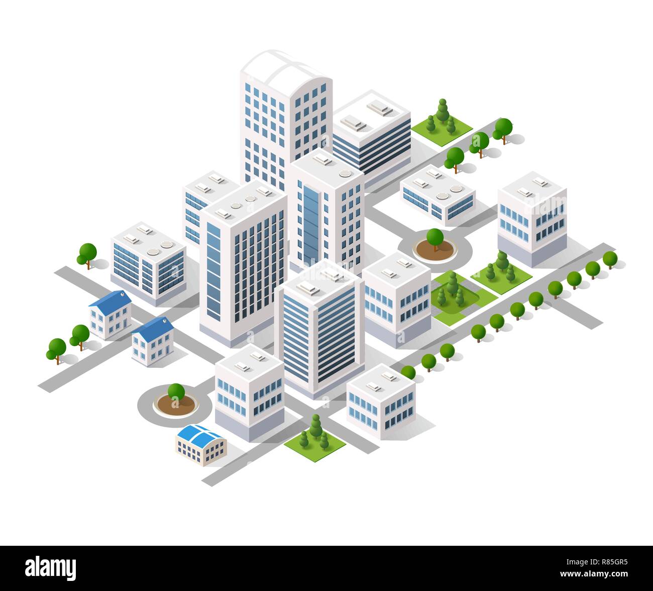 Isometric 3D metropolis city quarter with streets, skyscrapers, trees ...
