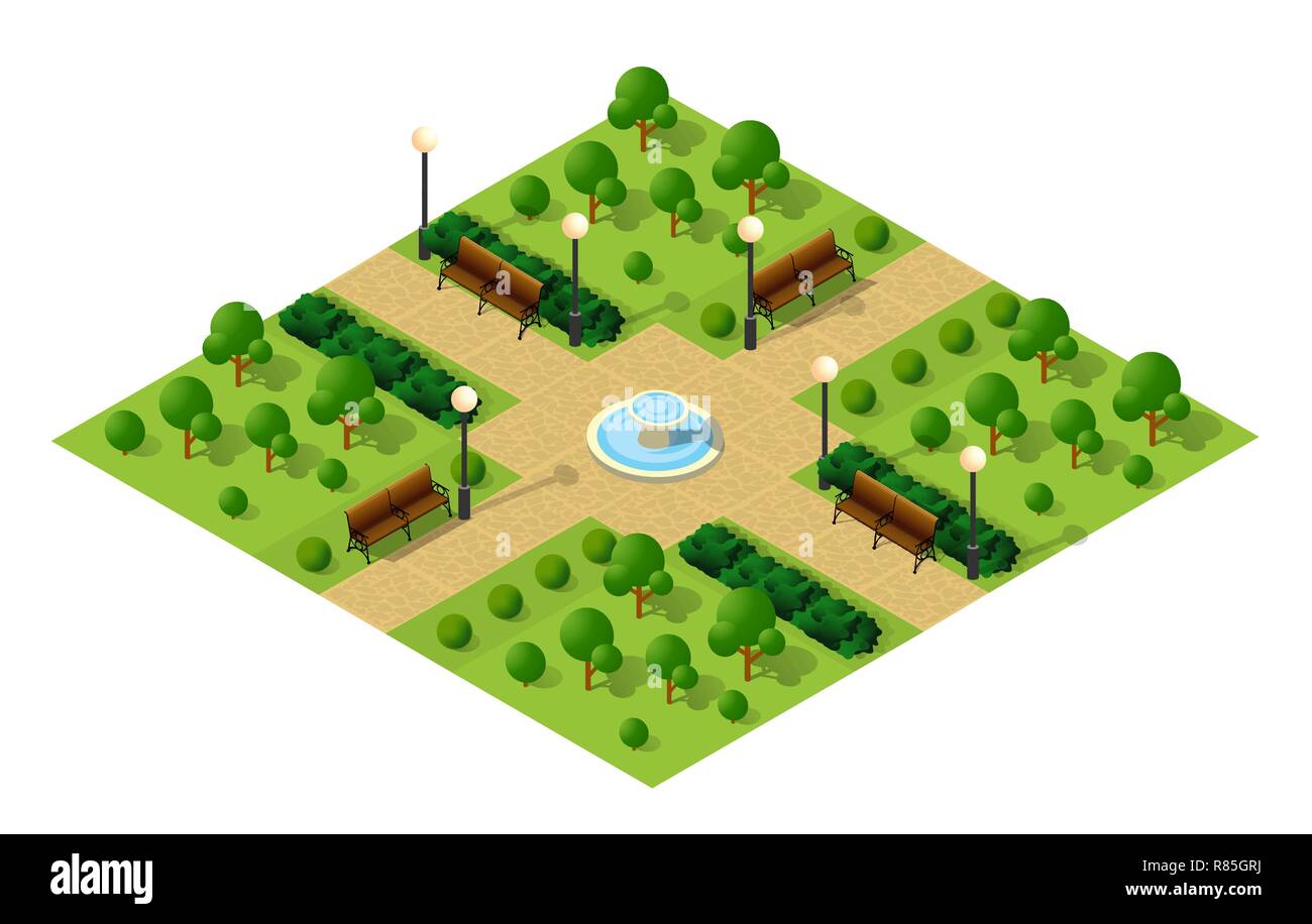 Isometric metropolis city park with streets and trees. Urban landscape ...