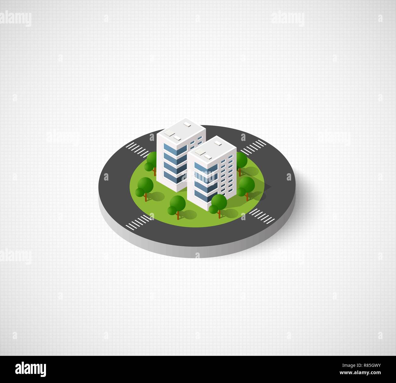Icon of the city with isometric houses, skyscrapers, streets and trees ...
