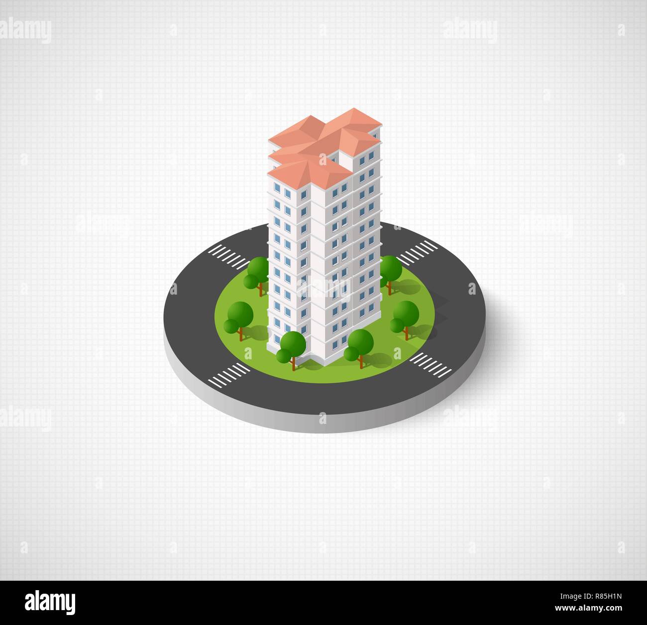 Icon of the city with isometric houses, skyscrapers, streets and trees ...