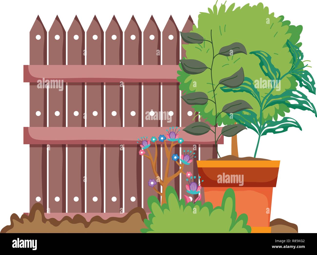 wooden fence with garden flowers scene Stock Vector Image & Art - Alamy