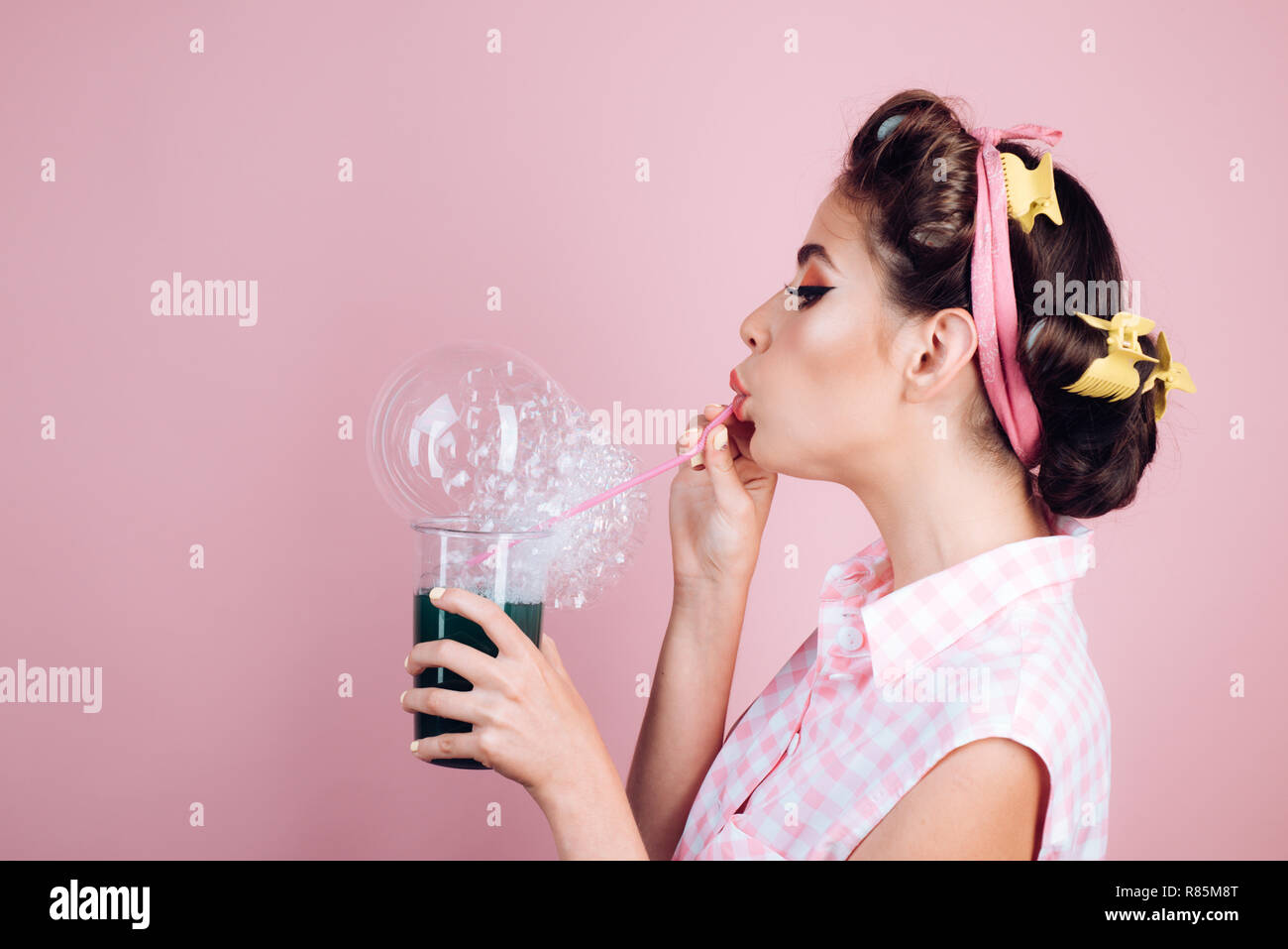 pinup girl with fashion hair. pin up woman with trendy makeup. perfect ...