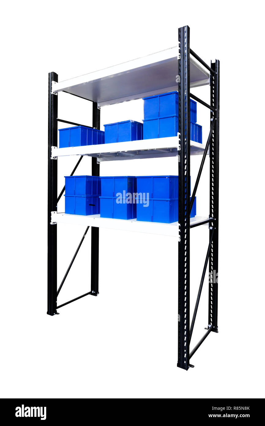 Blue plastic boxes in the cells of the automated warehouse. Metal ...