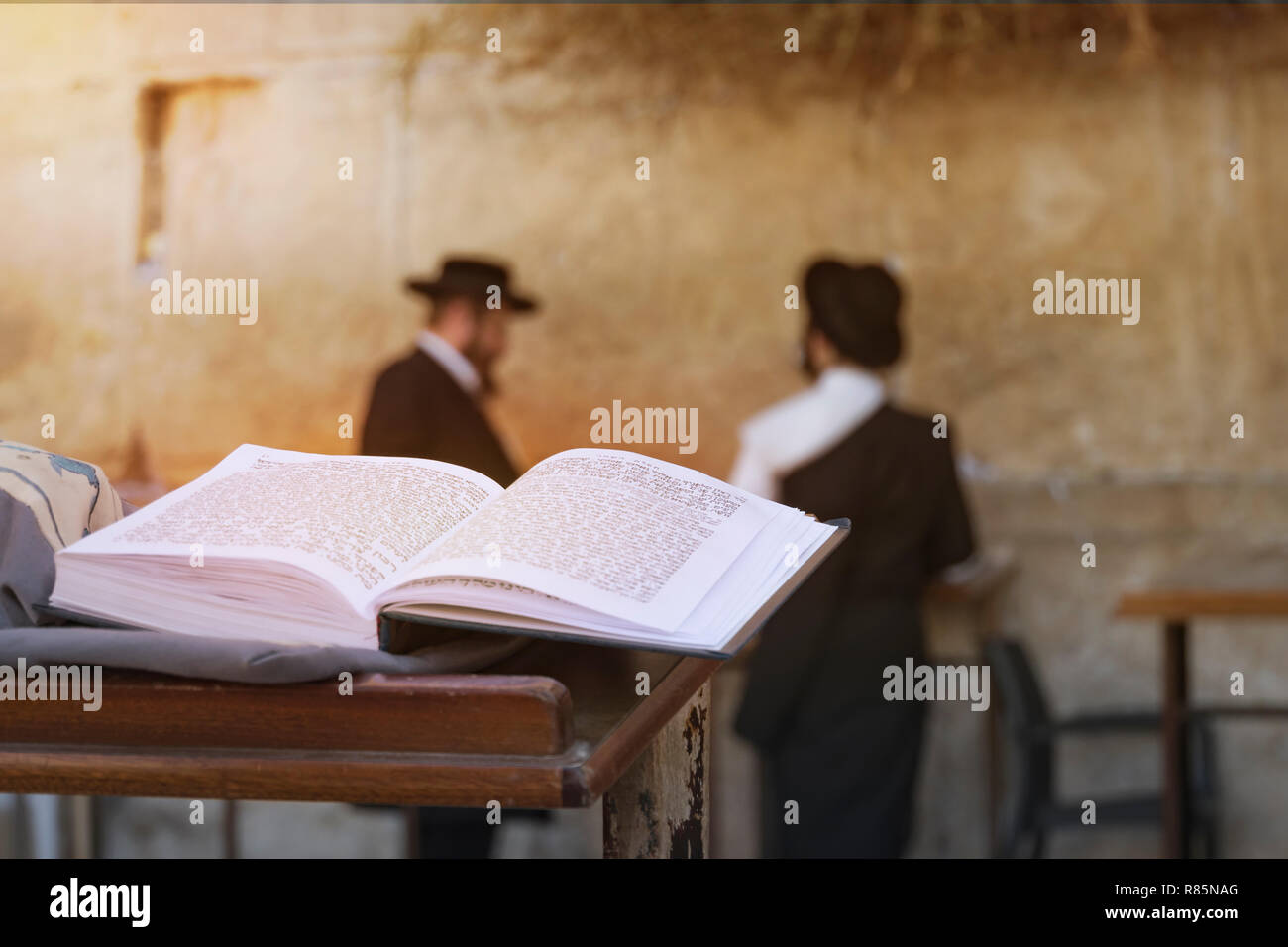 Jewish bible on table, wailing western wall, jerusalem, israel. book of ...