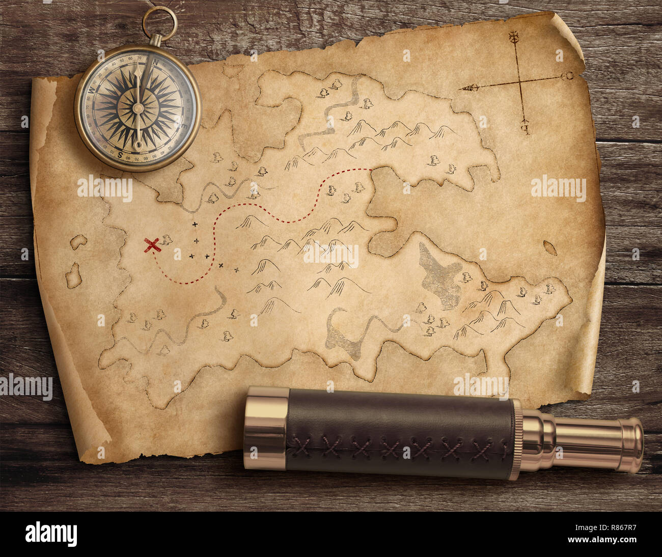 Old torn treasure map with compass and spyglass. Adventure and travel ...