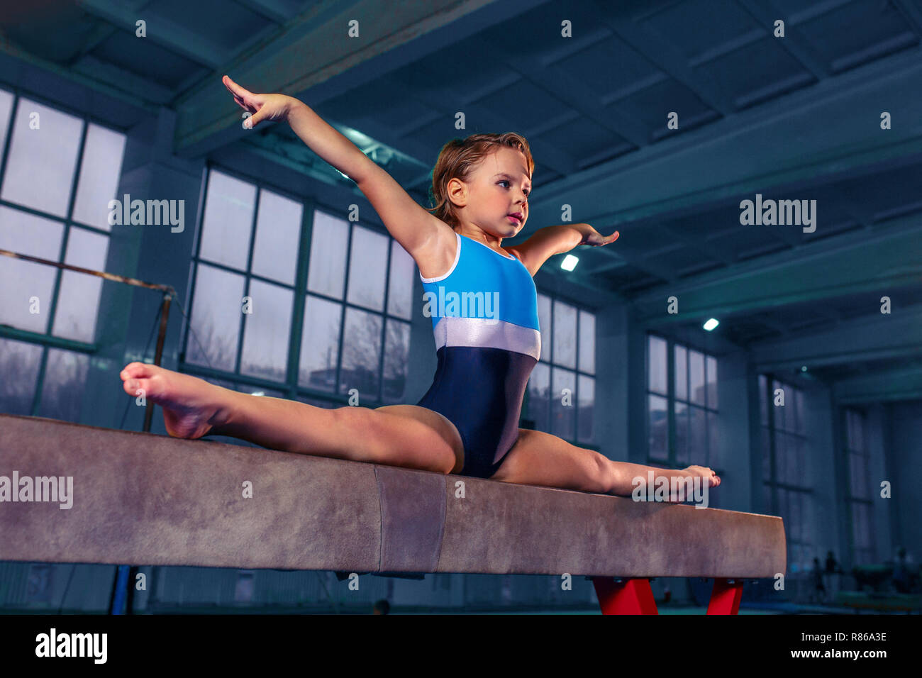 The beautiful little girl is engaged in sports gymnastics on a log at ...