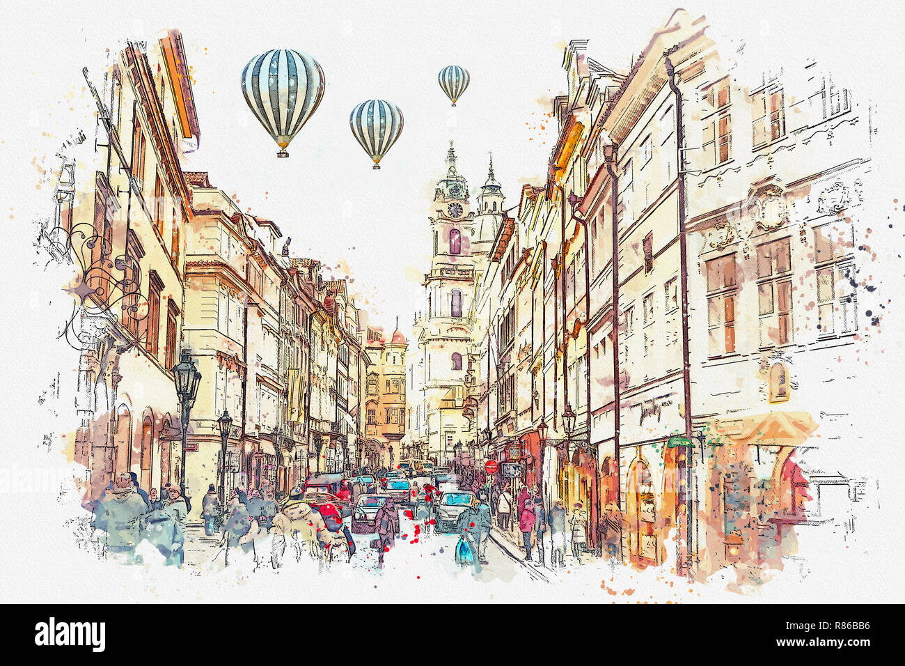 Busy Street Sketch A Busy Street In Watercolour. An Illustration From