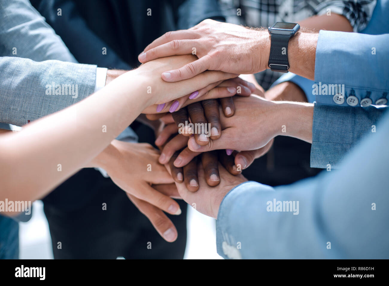 group of people in the office folded their hands together Stock Photo ...