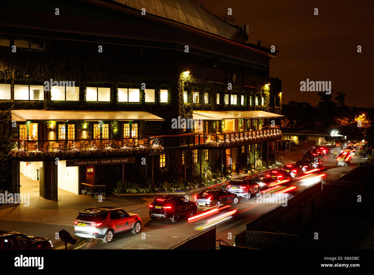 General view exterior shots of Centre Court with cars at night during ...