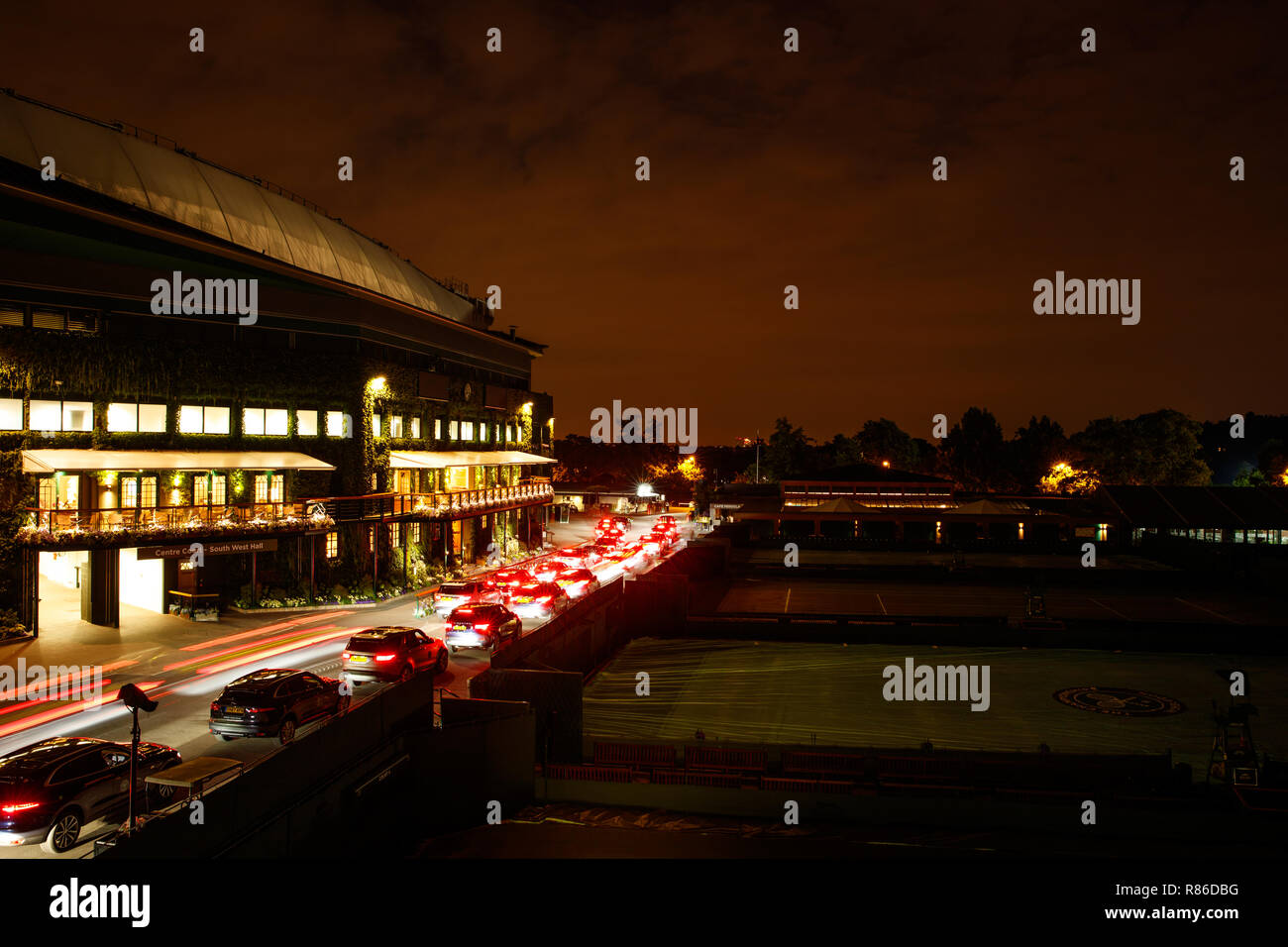 General view exterior shots of Centre Court with cars at night during ...