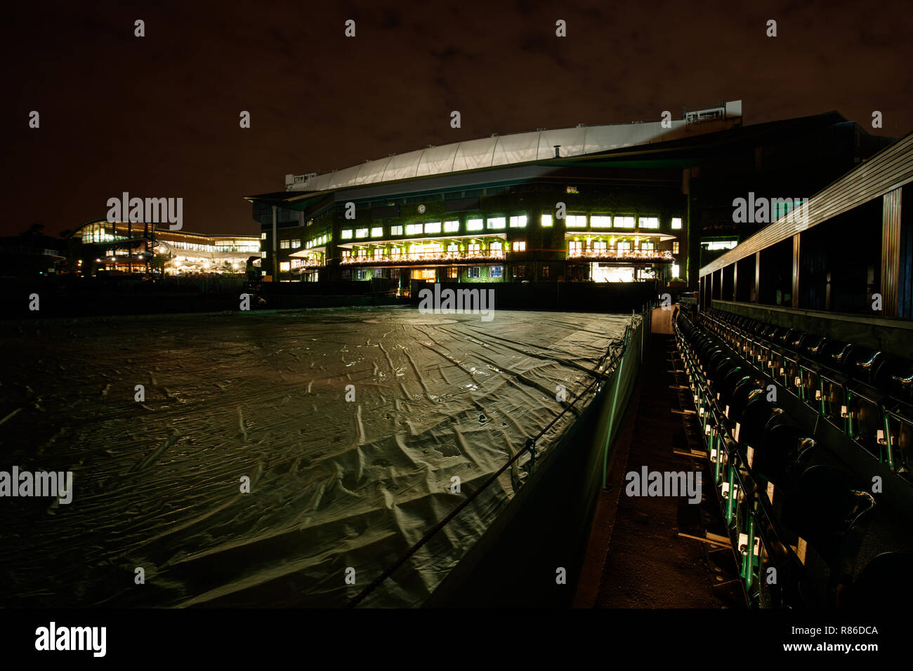 General view exterior shots of Centre Court at night during the ...