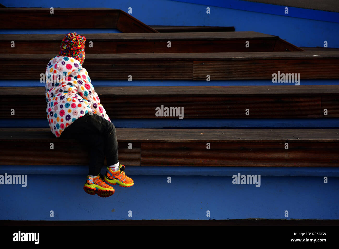 BUCHAREST, ROMANIA - DECEMBER 8, 2018. Girl on stairs in Drumul Taberei ...