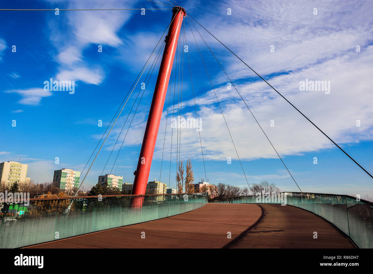 Suspension bridge in Drumul Taberei Park, also known as Moghioros Park ...