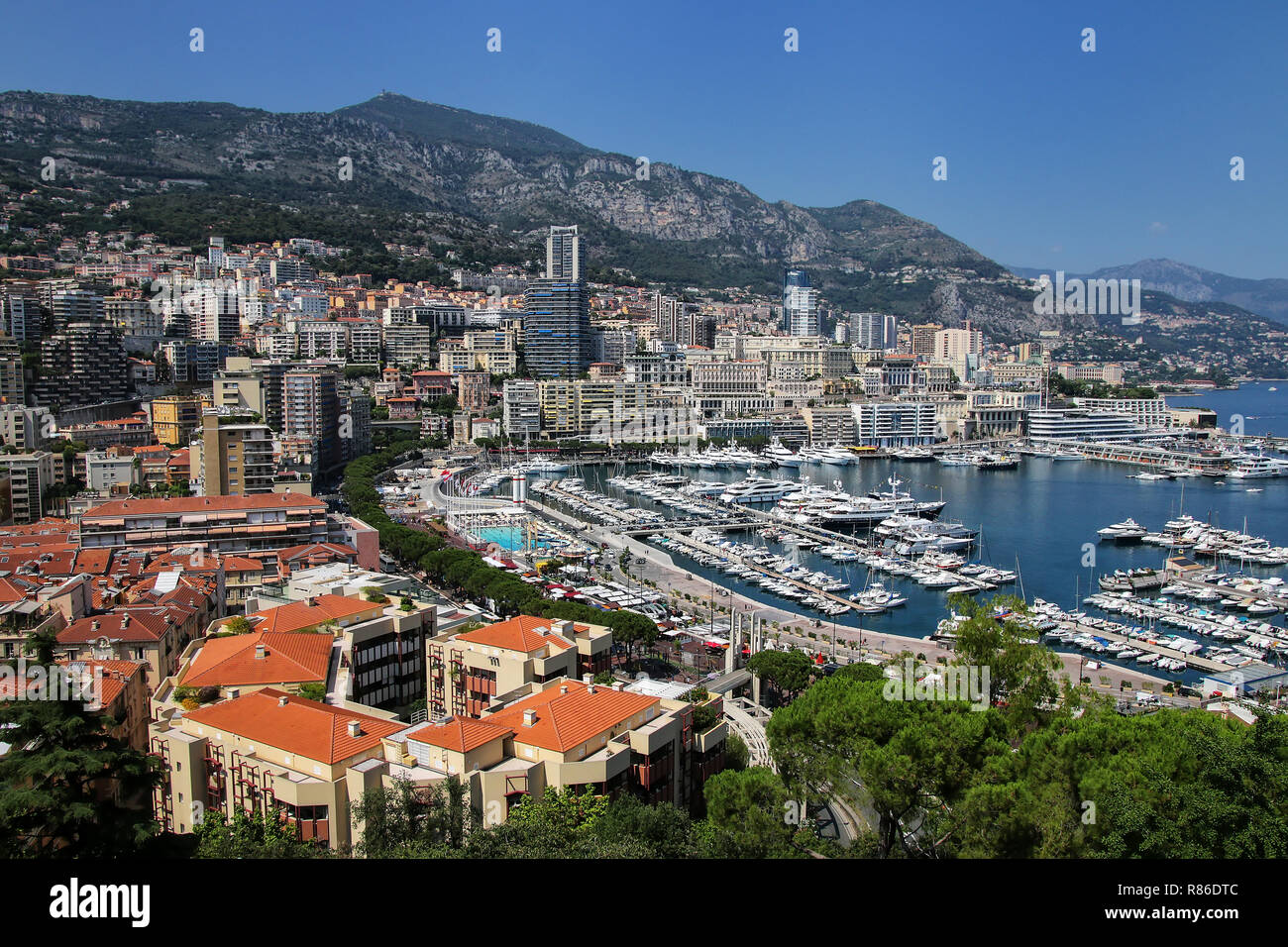View of La Condamine ward and Port Hercules in Monaco. Port Hercules is ...