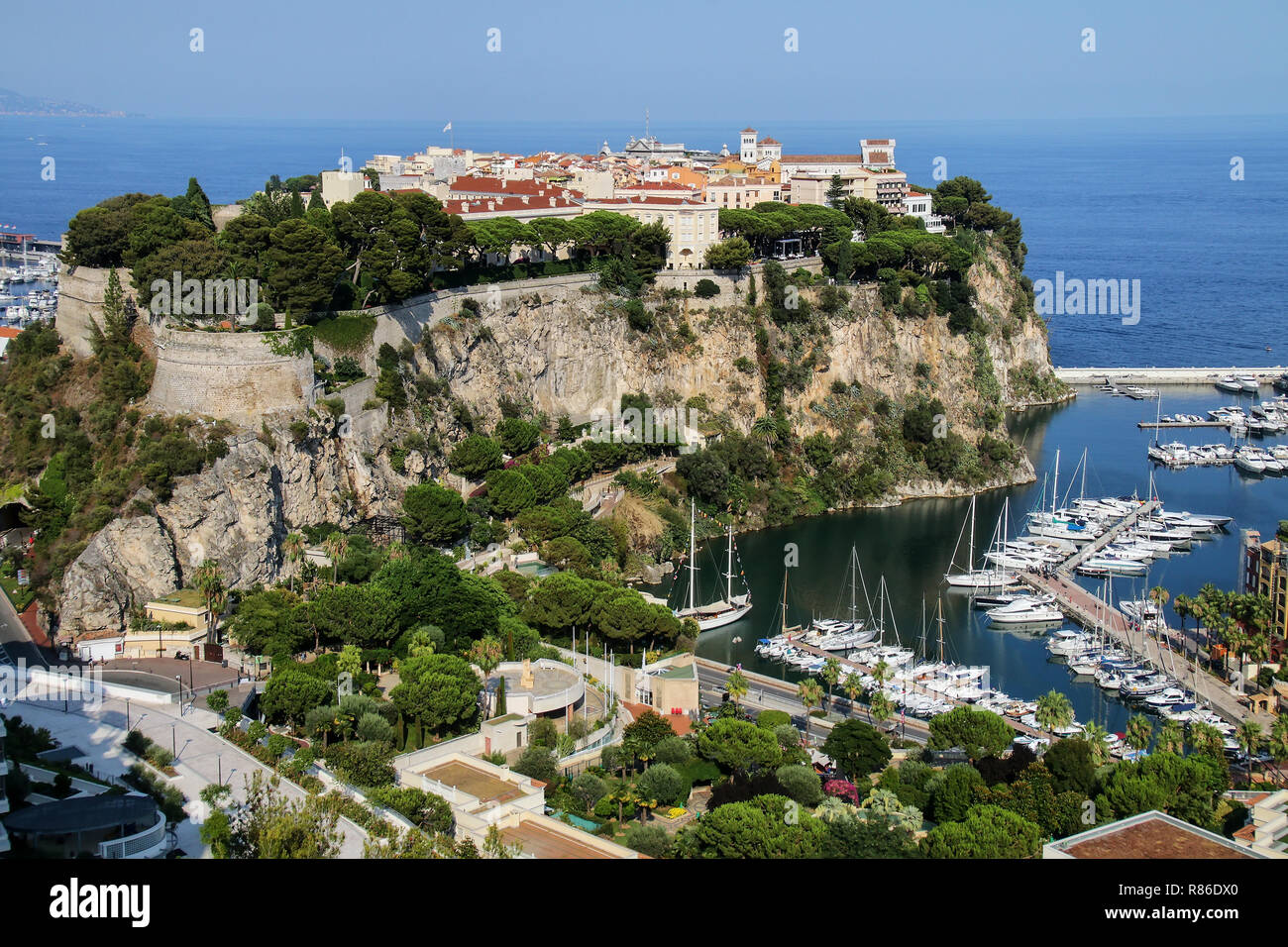 View of Monaco City and boat marina below in Monaco. Monaco City is one ...