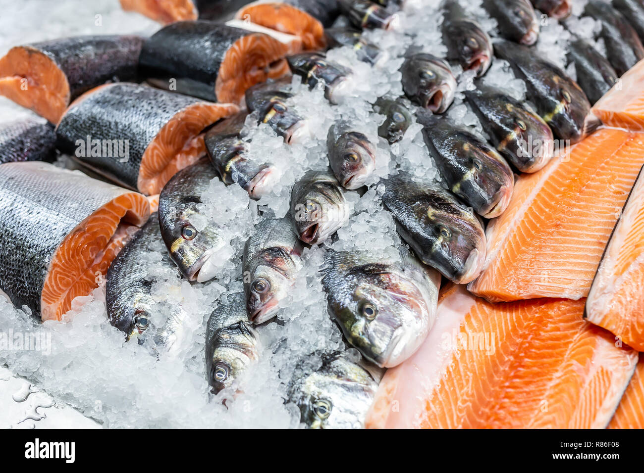 Fresh seafood on crushed ice at fish market. Raw dorado, seabass and ...