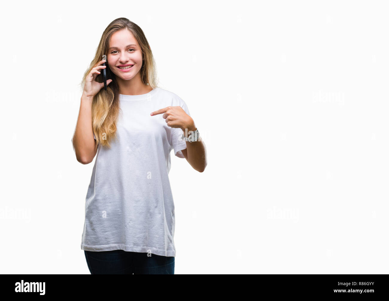 Young beautiful blonde woman calling using smartphone over isolated ...