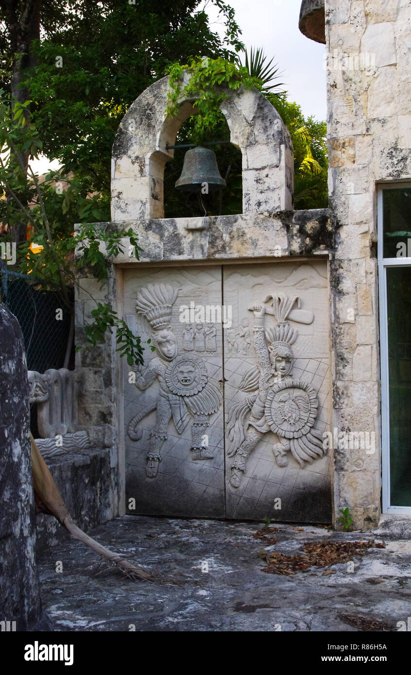 Old Mayan gate with bell in Playacar, Mexico Stock Photo - Alamy