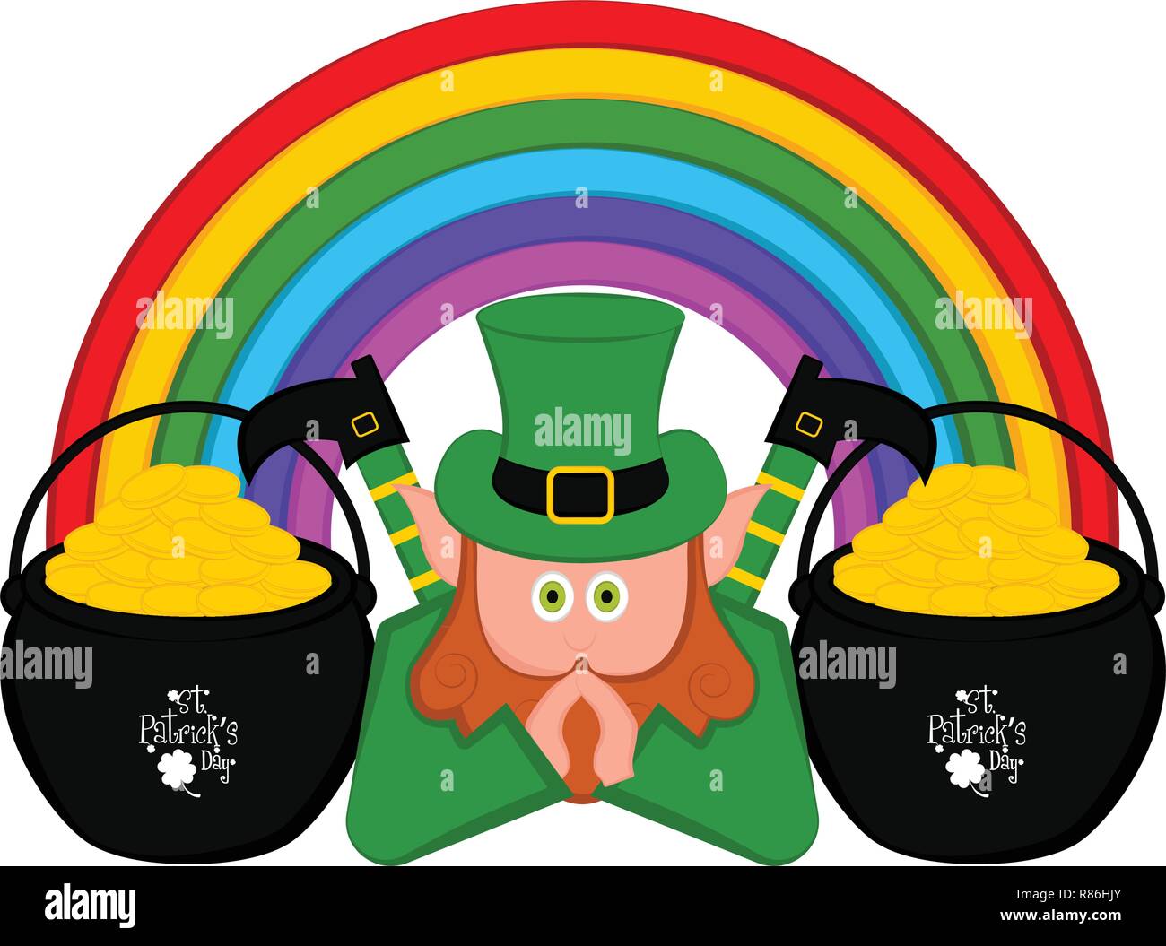 Irish elf with gold coins pots and a rainbow. Vector illustration ...
