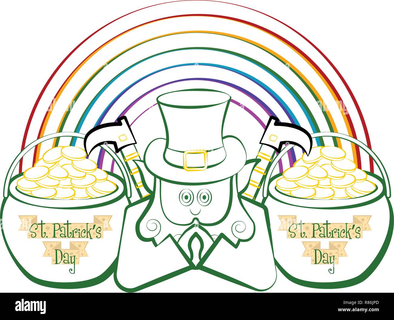 Sketch of a irish elf with gold coins pots and a rainbow Stock Vector ...