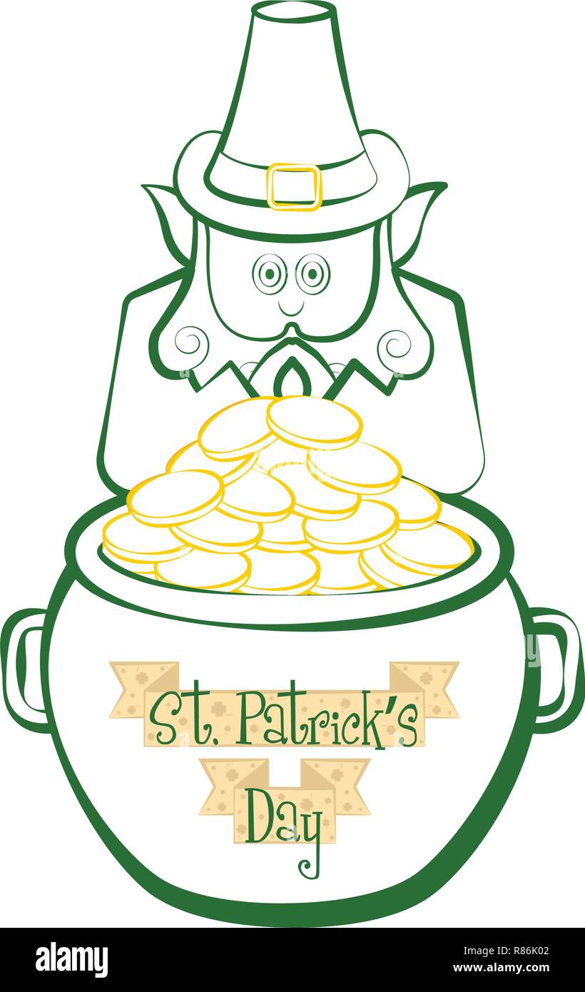 Sketch of a irish elf in a golden coins pot Stock Vector Image & Art ...